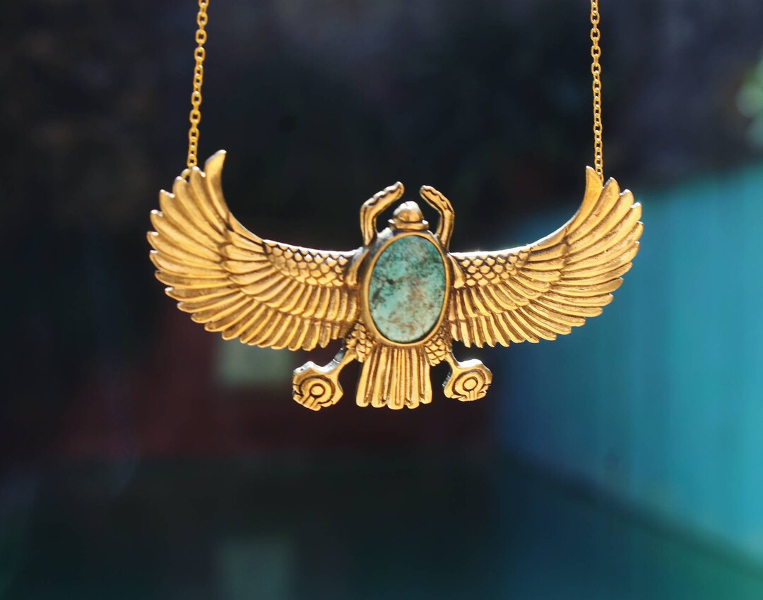 KHEPRI Winged Scarab Necklace, Turquoise Egyptian Revival, Hand Carved ...