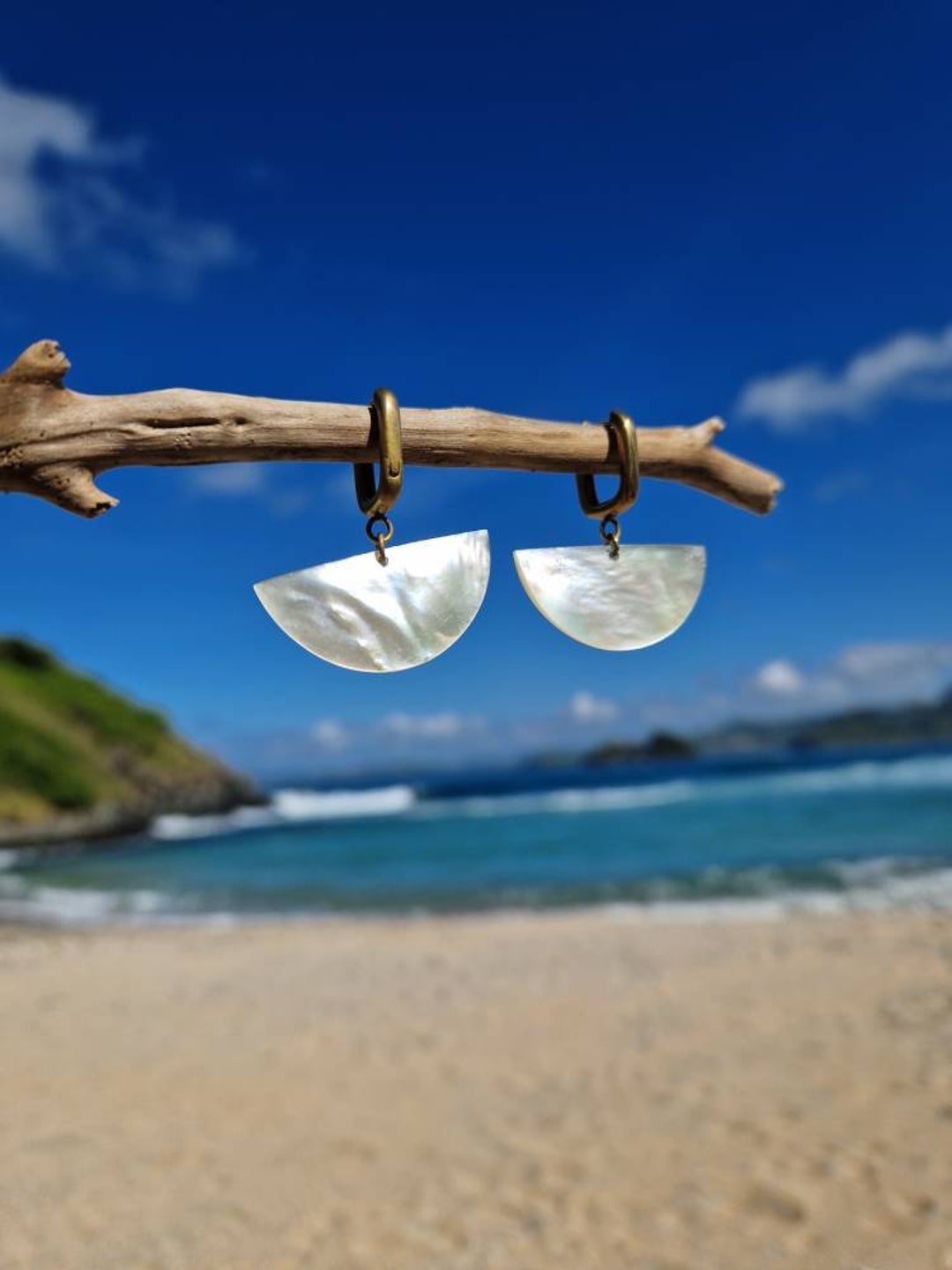 Half Moon Dangle Hinge Hoop Mother Pearl Shell Earrings Minimal Hoops