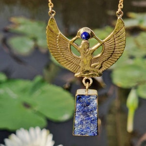 Isis Lapis Pendant, the Queen of Egypt, 24k Gold Plated Winged Isis ...