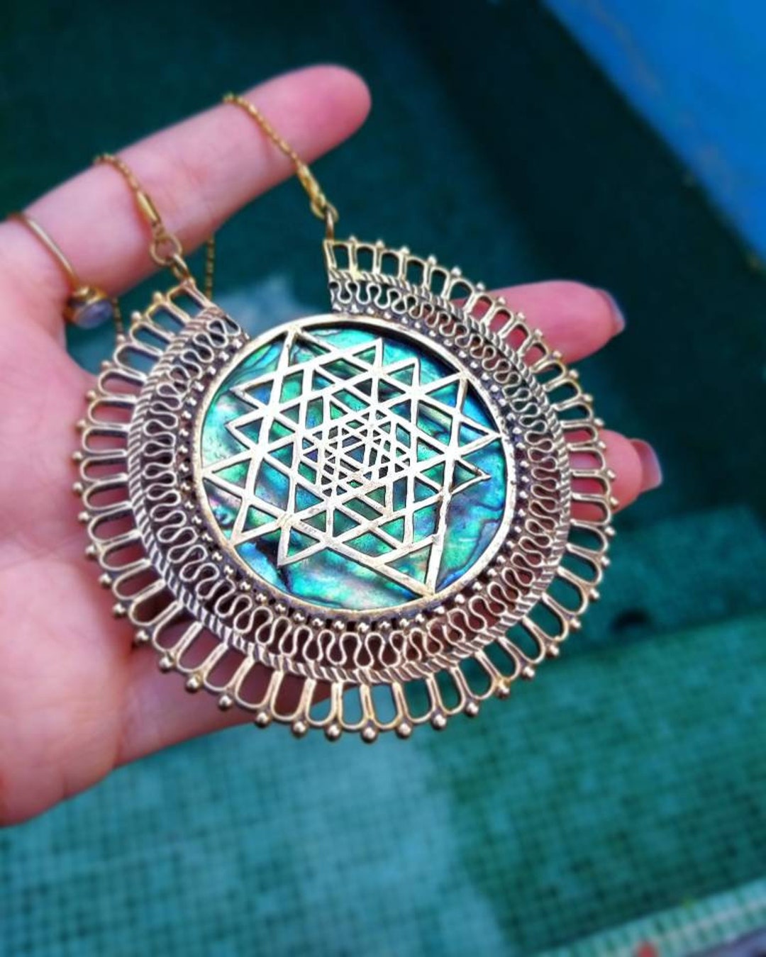 Sri Yantra Sacred Geometry, Shiva Shakti Pendant. Abalone Shell, Chakra ...