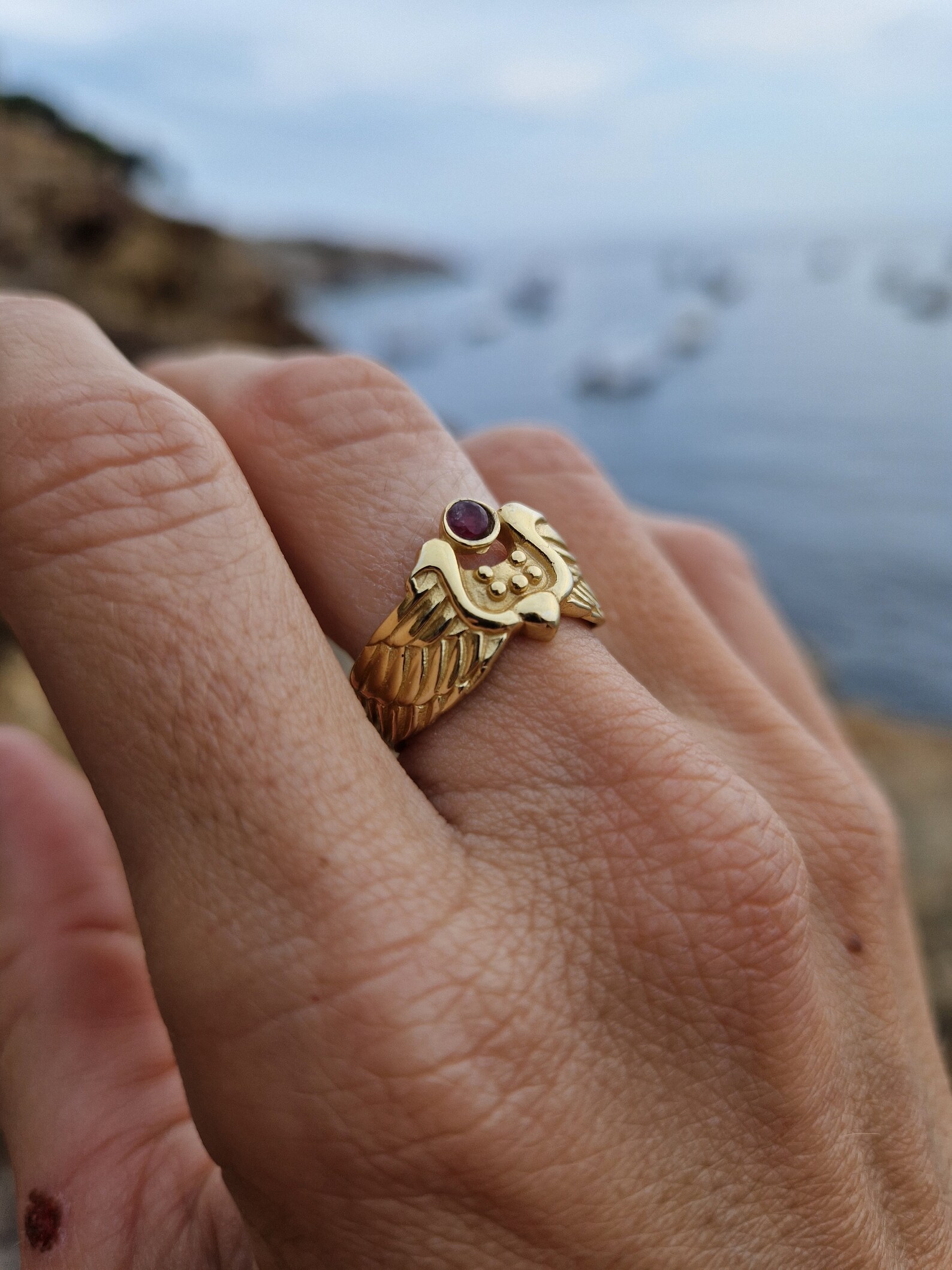 Double Phoenix Bird Egyptian Ring, Pink Tourmaline Ring, 24K Gold ...