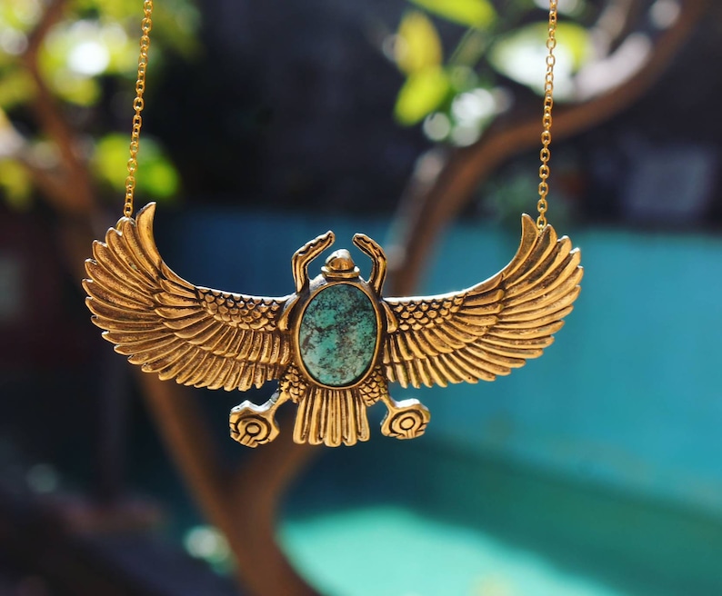 KHEPRI Winged Scarab Necklace, Turquoise Egyptian Revival, Hand Carved ...