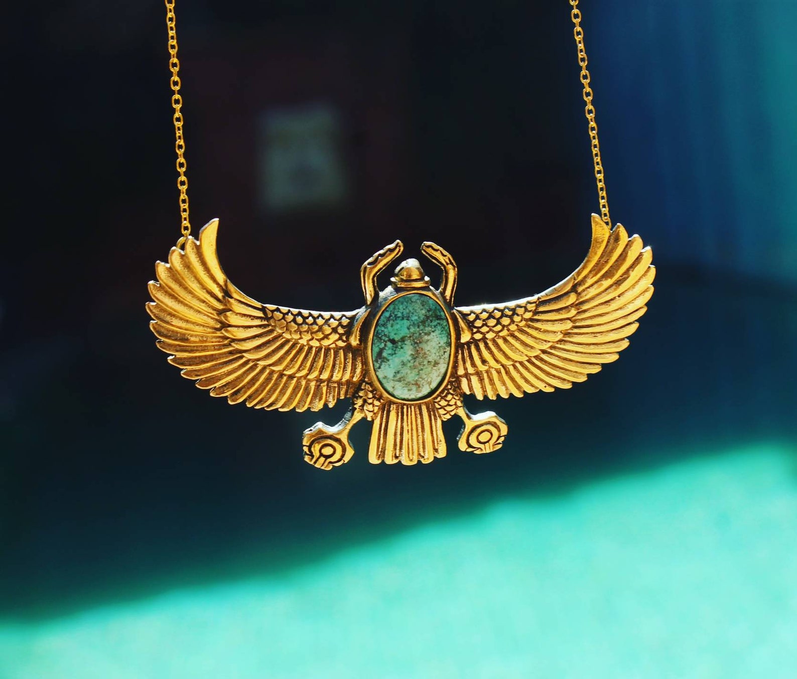 KHEPRI Winged Scarab Necklace, Turquoise Egyptian Revival, Hand Carved ...