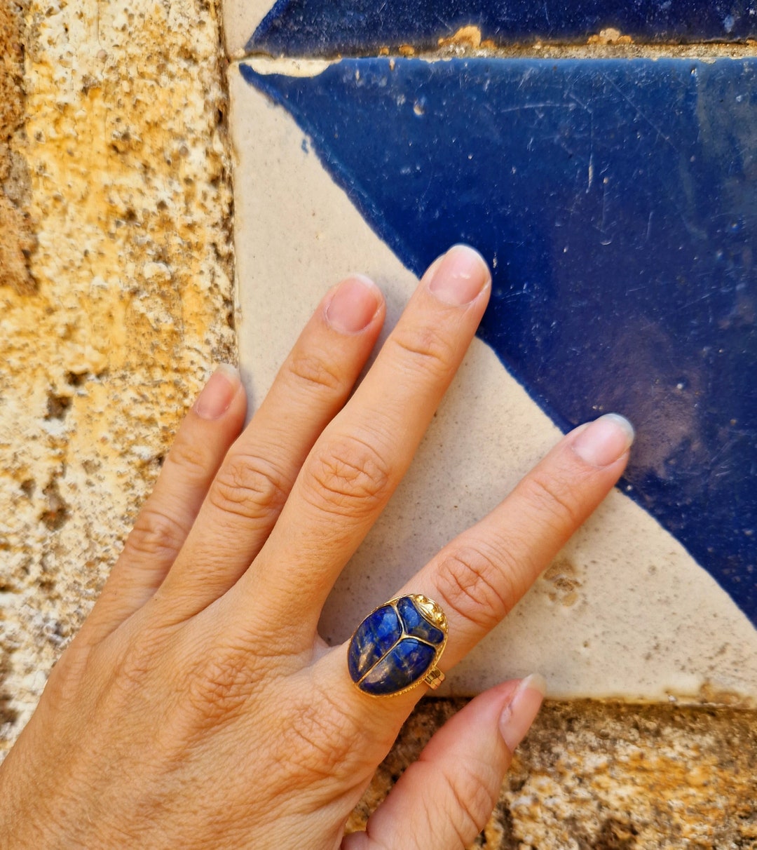 KHEPRI Lapislazuli Blue Inlay Ring, Carved Gem Scarab, Beetle Jewelry ...
