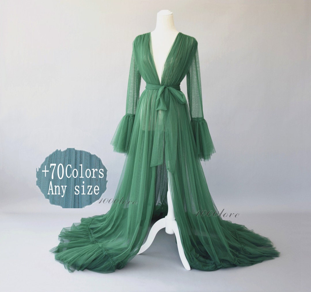 Emerald Green See Through Tulle Formal Evening Dresses,long Sleeves ...