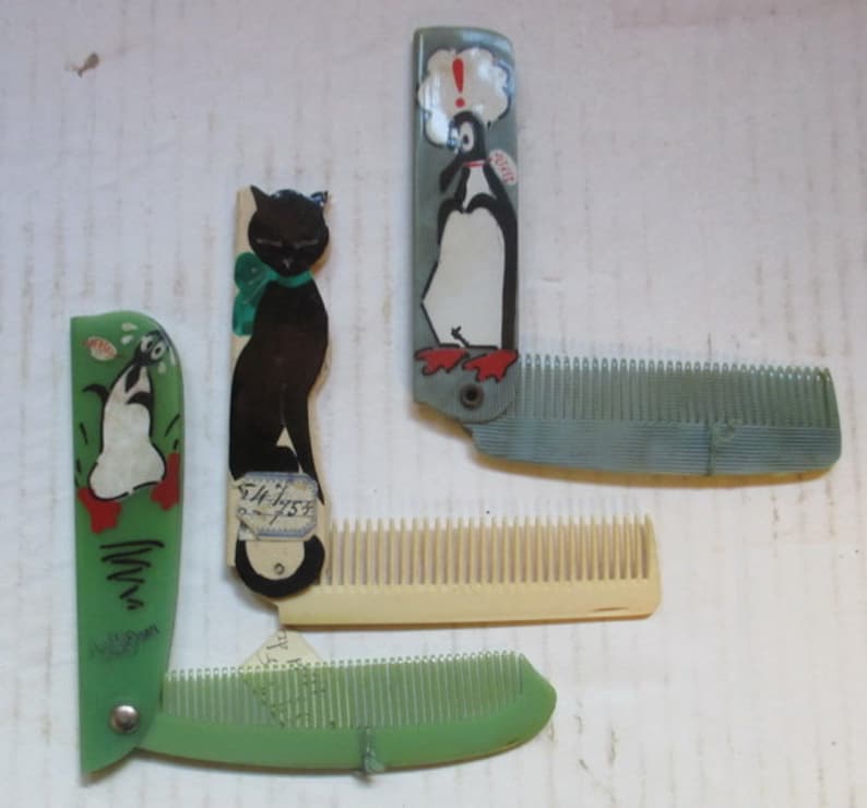 Antique Art Deco Folding Pocket Combs Celluloid Cat Pinguins - Etsy
