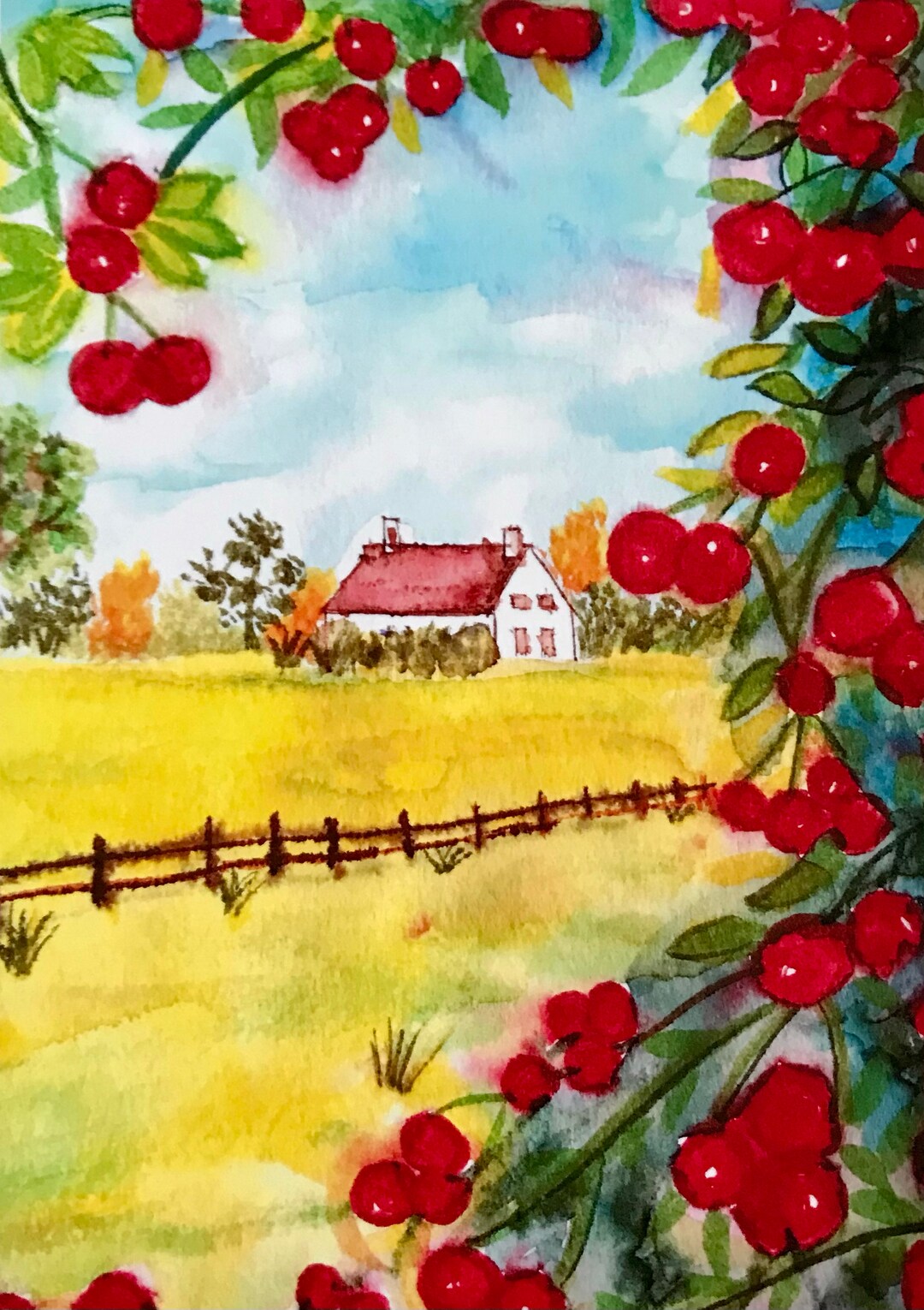 Cherry Tree Watercolor Painting, Cherries Art, Watercolor Art, Cherry ...