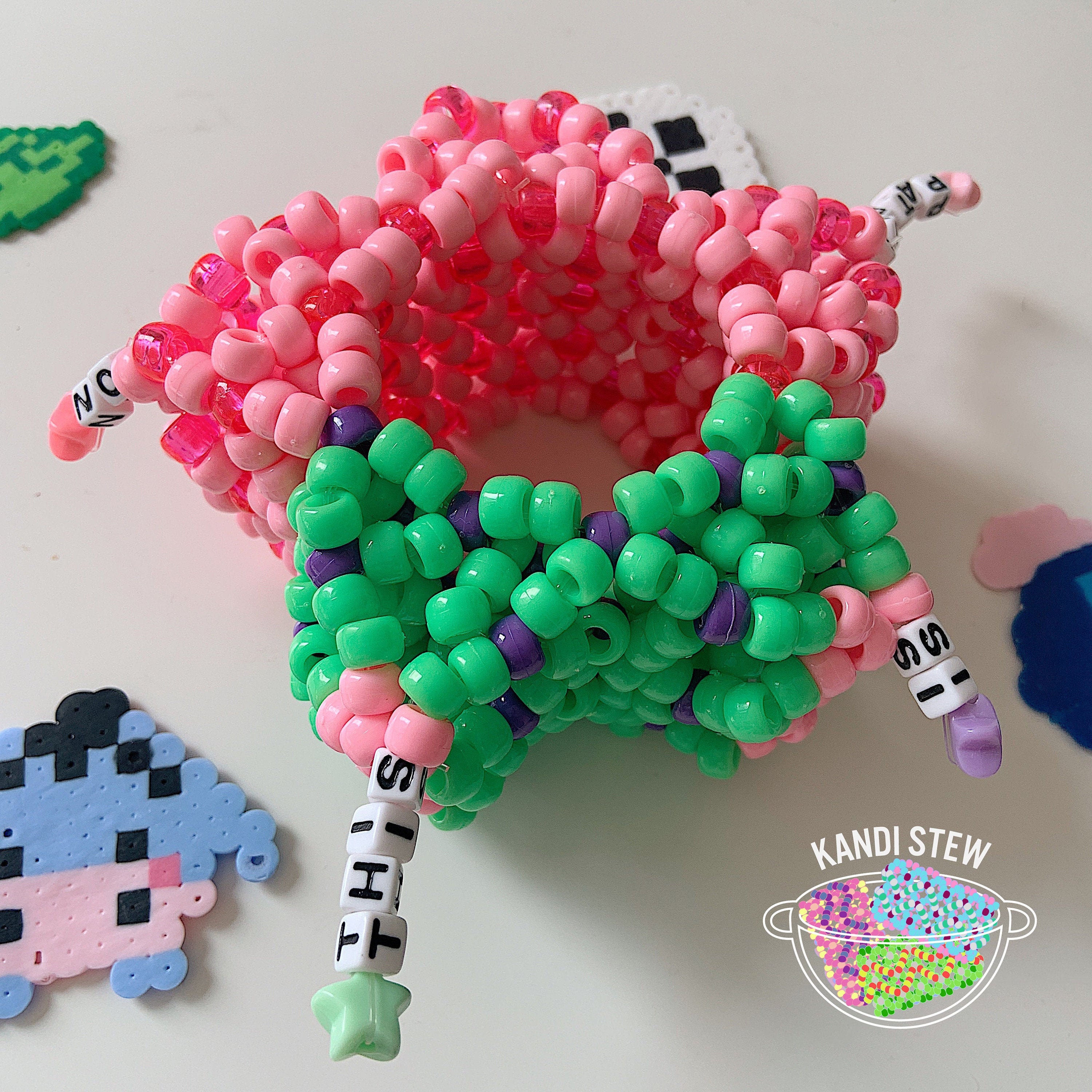 Patrick Star Epic 3D Kandi Cuff, Pink, Green, and Purple, 30 Bead ...