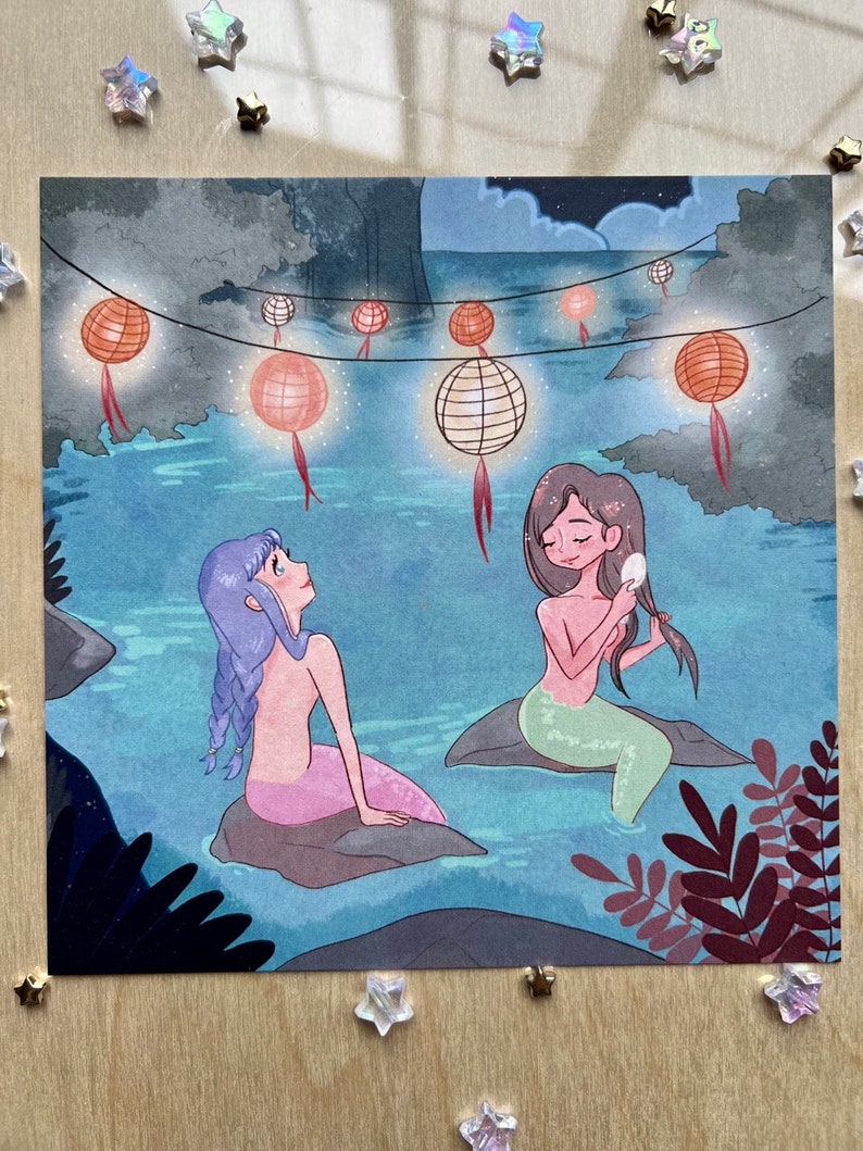 Mermaids and Lanterns 6x6 Art Print - Etsy