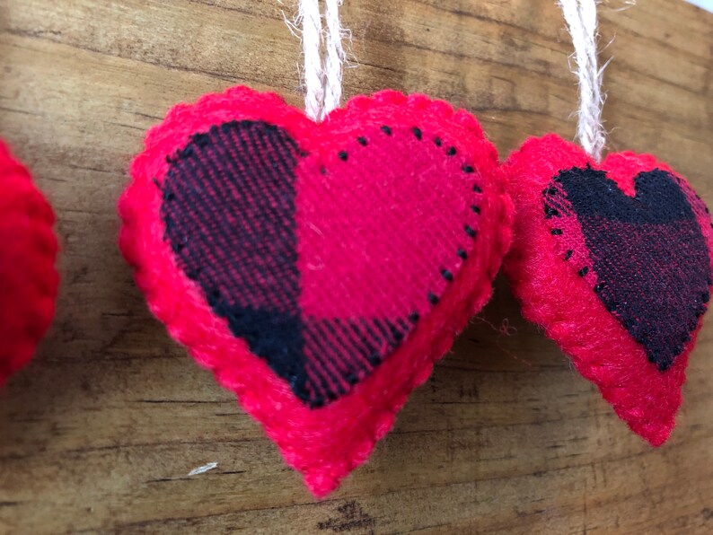 Red Buffalo Plaid Felt Flannel Heart Ornament Set Valentines | Etsy