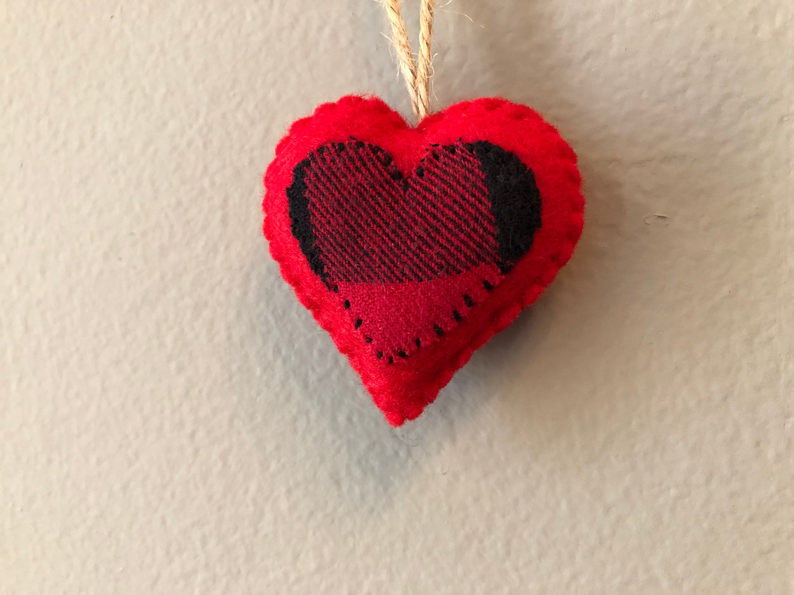 Red Buffalo Plaid Felt Flannel Heart Ornament Set Valentines | Etsy
