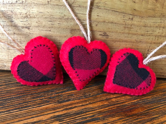 Red Buffalo Plaid Felt Flannel Heart Ornament Set Valentines | Etsy