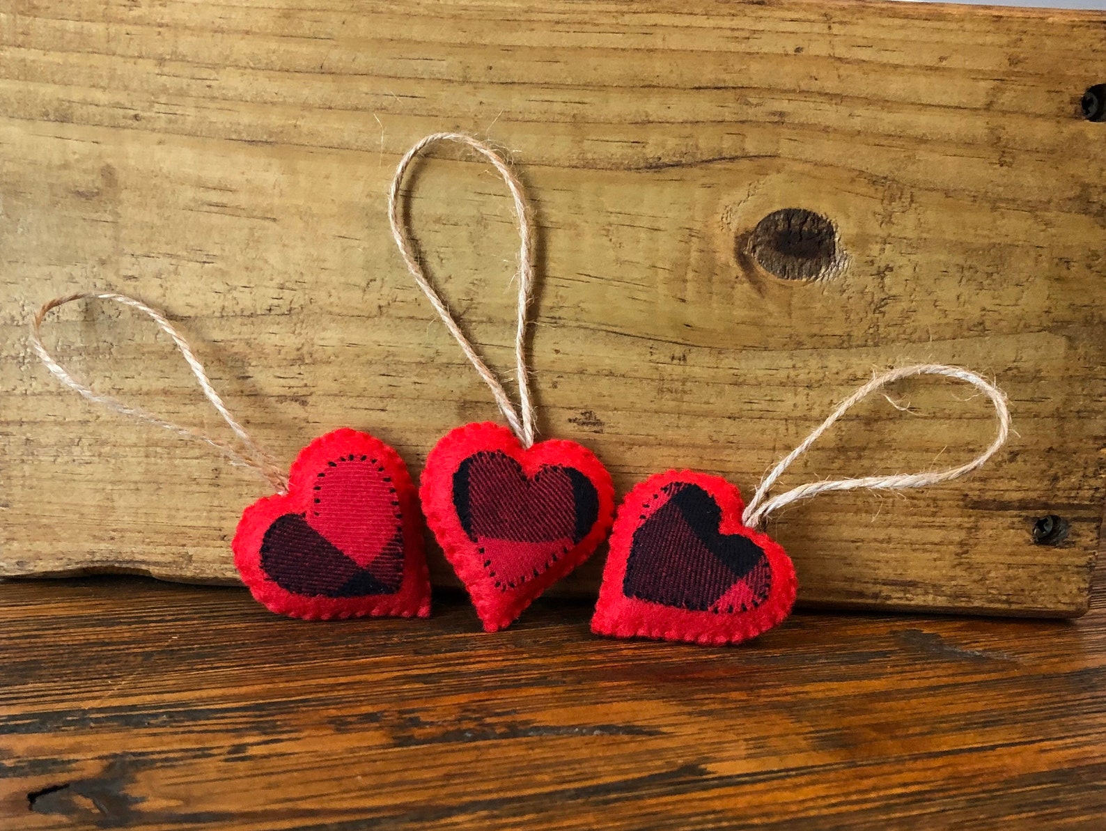 Red Buffalo Plaid Felt Flannel Heart Ornament Set Valentines | Etsy