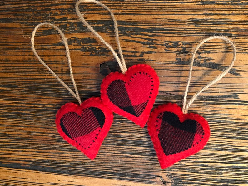 Red Buffalo Plaid Felt Flannel Heart Ornament Set Valentines | Etsy