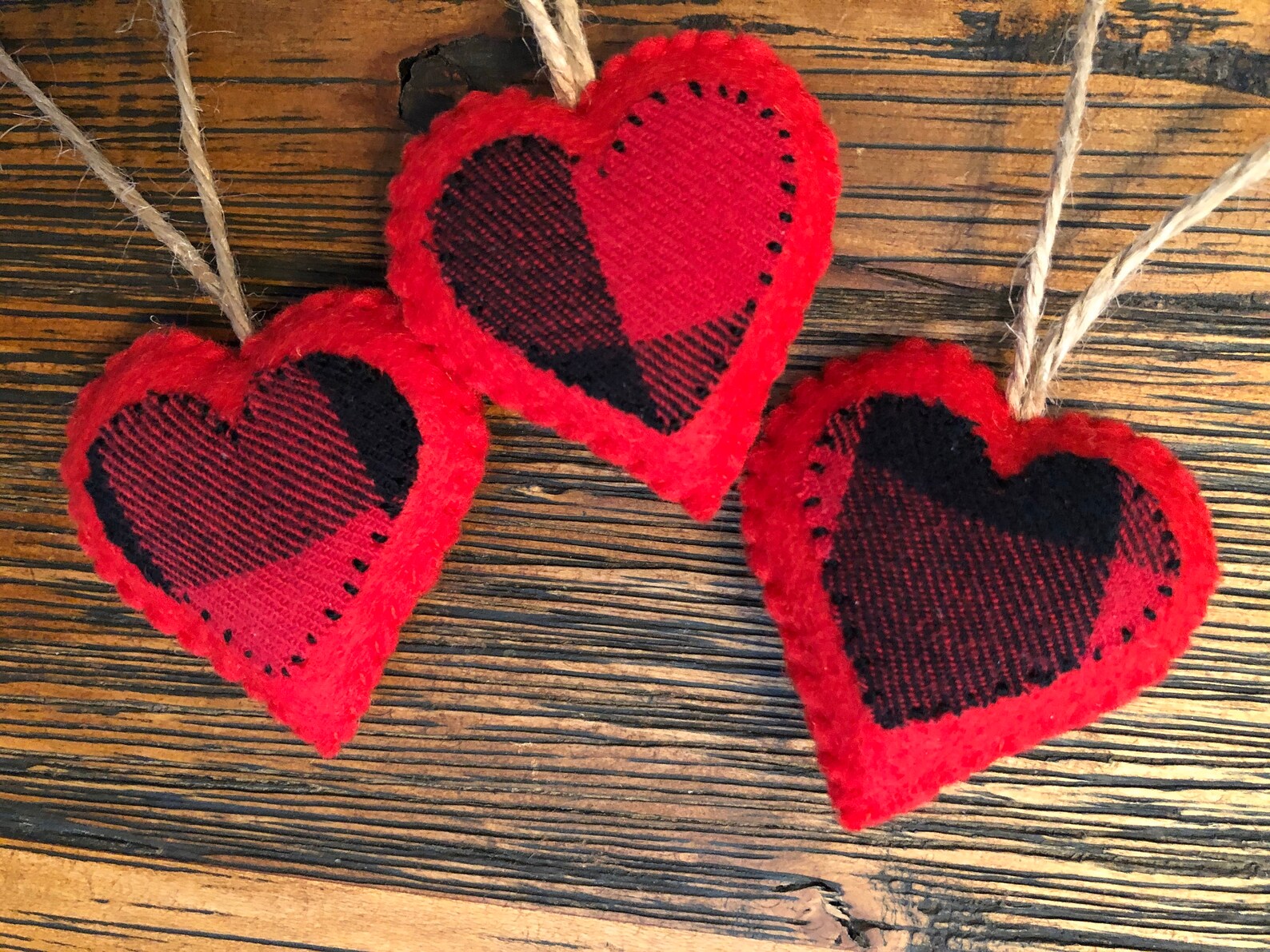 Red Buffalo Plaid Felt Flannel Heart Ornament Set Valentines | Etsy