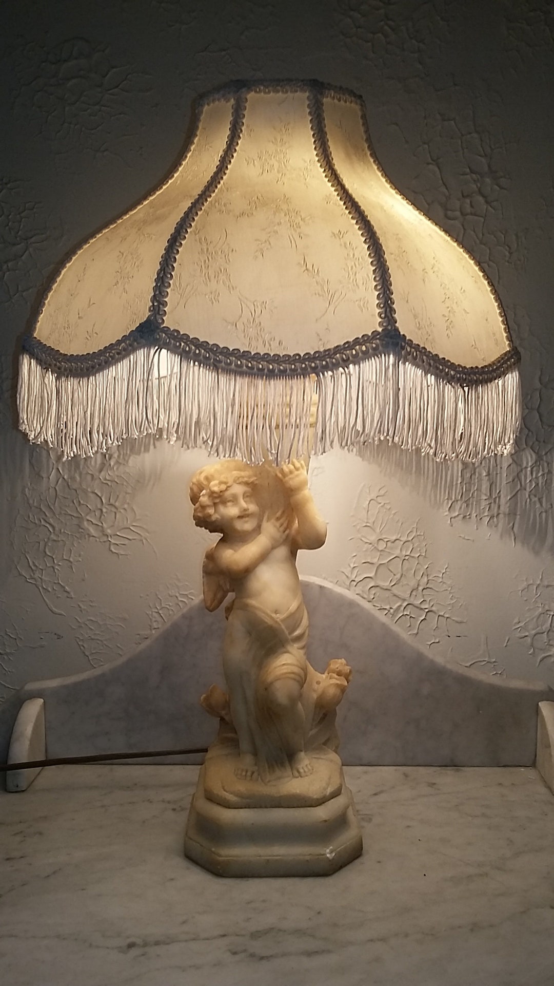 Antique Carved Alabaster Cherub Lamp With Greek Key Pattern & Period ...