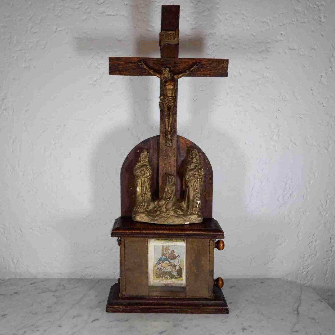 Rare Antique Religious Praying Cabinet Stations of the Cross Scenes Oak ...