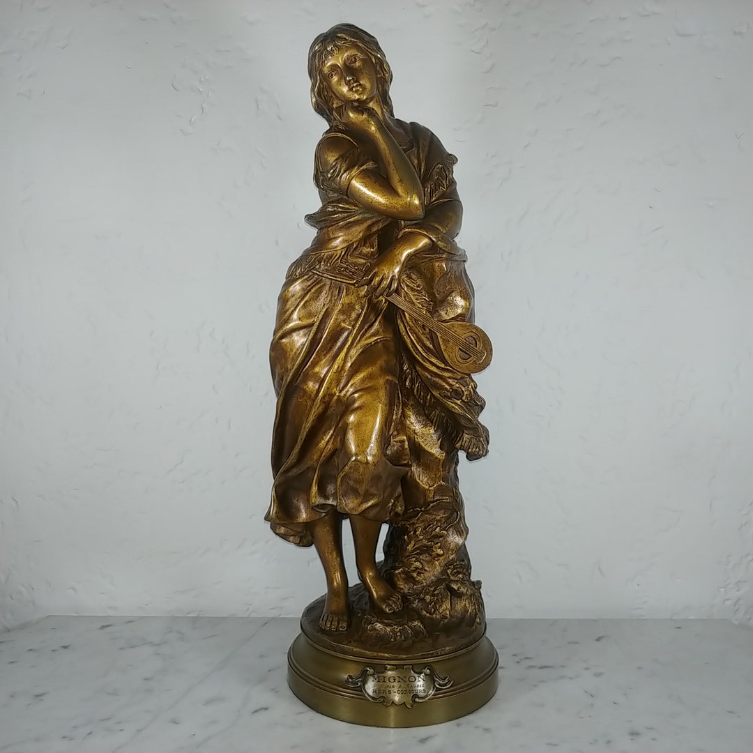 Antique French 22 Inches Gilt Bronze Sculpture of Lady With Mandolin ...