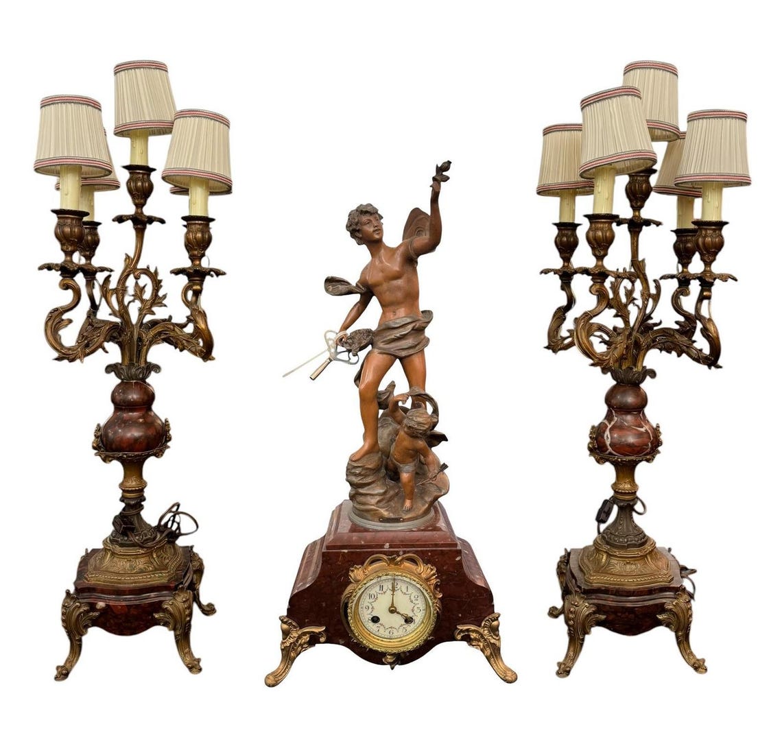Antique French Marble Bronzed Figural Nymph Cherub Mantle Clock and ...