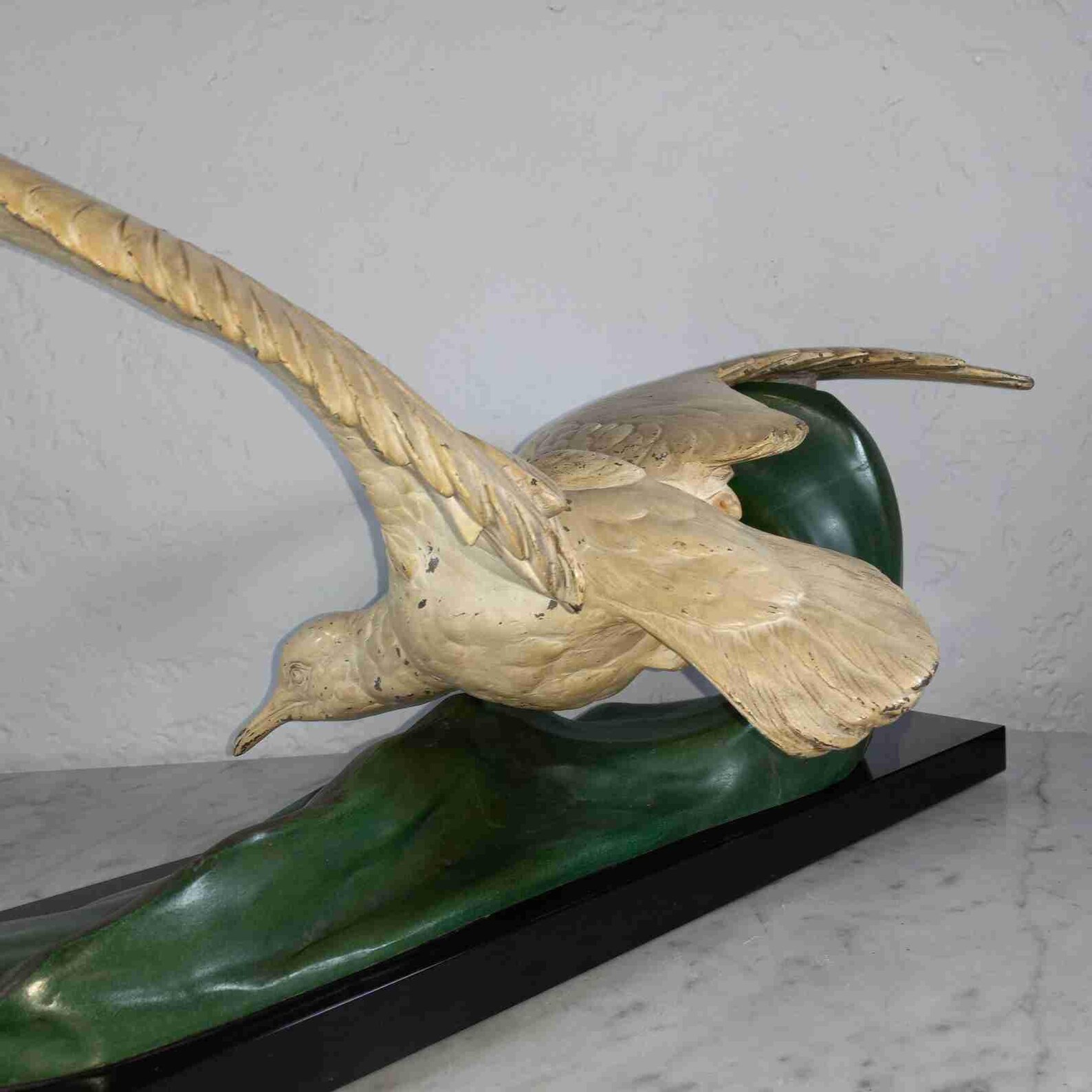 Large Art Deco French Animalist White Seagull Flying Over Sea Wave on ...