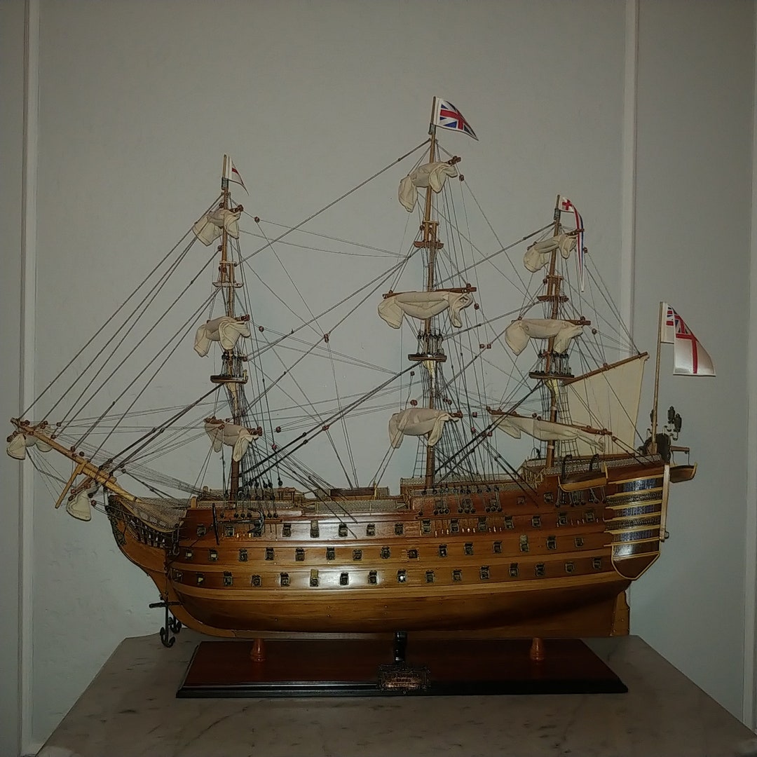 Monumental 40 Inches Vintage Wood & Metal British Navy Galleon War Ship ...