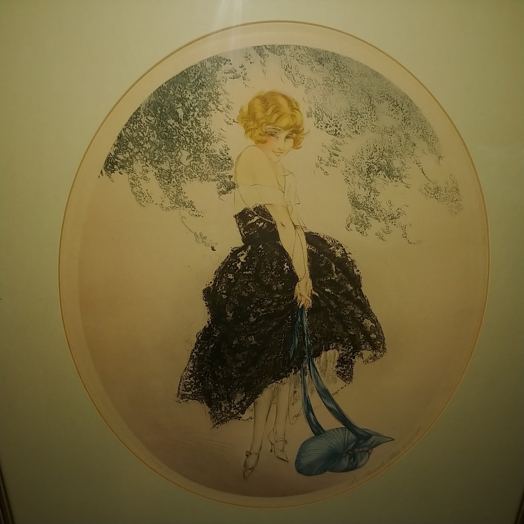 Art Deco Period French LOUIS ICART Lithograph Etching Young Girl & Blue ...