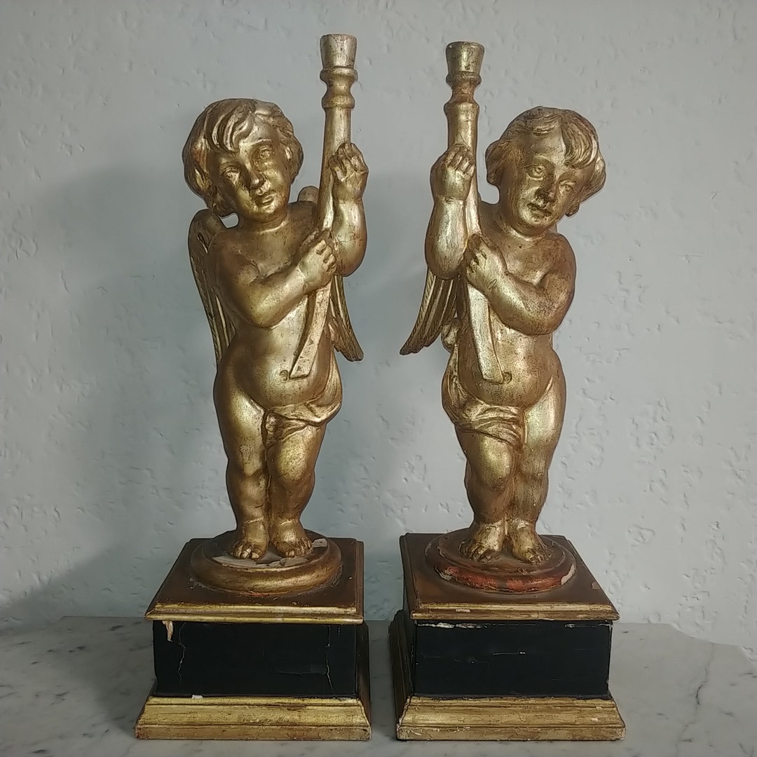 Large 25 Inches Antique Italian Pair Wood Carved Cherub Angels Putti ...