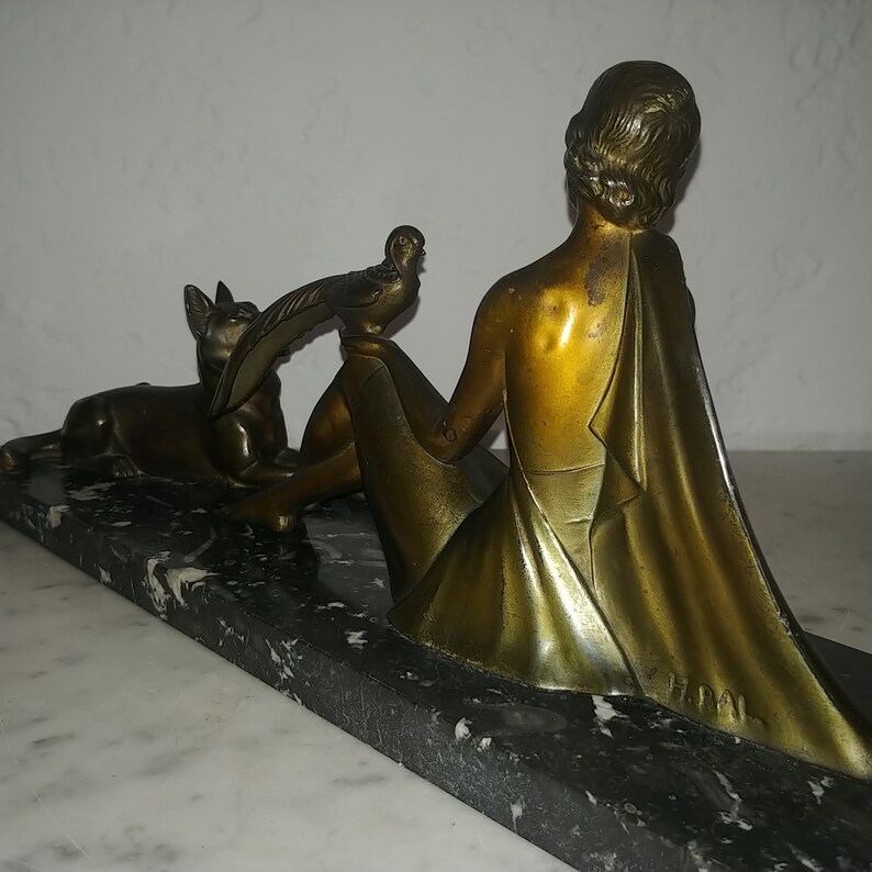 Art Deco French Lady Dog & Bird Spelter Sculpture Marble Base | Etsy
