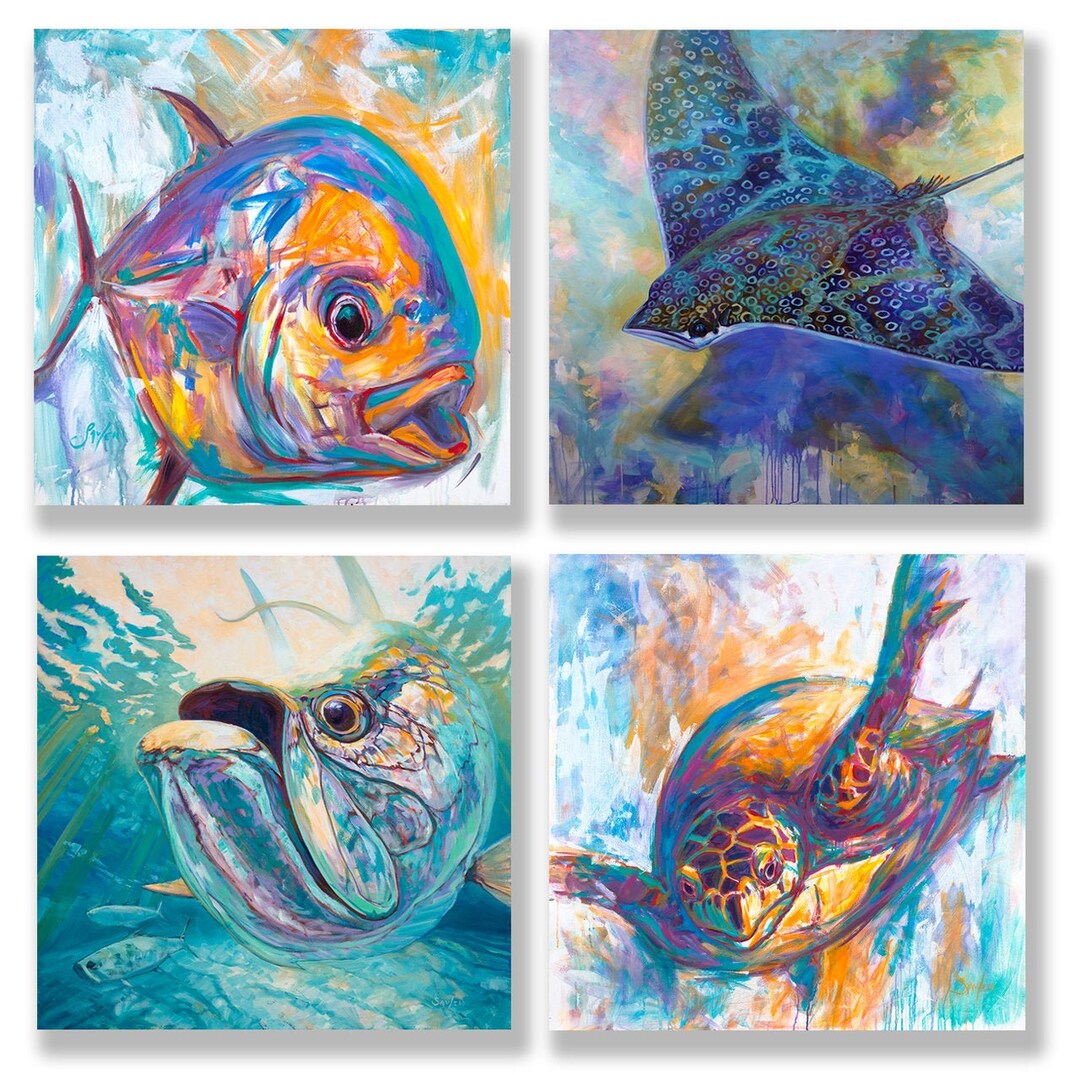 Sea Life Ceramic FISH Tile Set of 4 -TURTLE, Ray, Permit, Tarpon Mural ...
