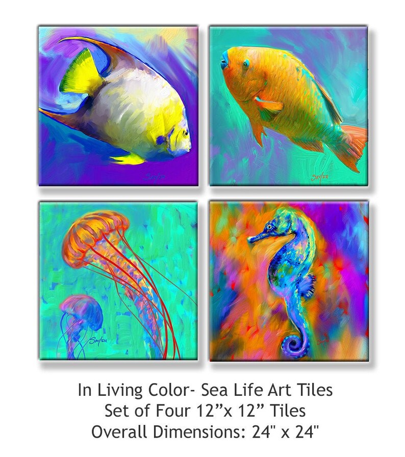 4 HANDMADE Sea Life Ceramic Marine Tile Set JELLYFISH, Fish, SEAHORSE ...