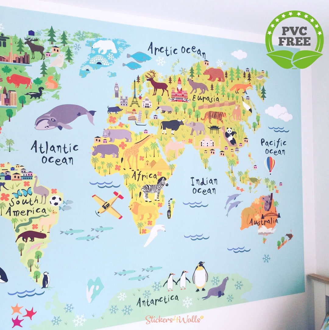 Reusable Fabric World Map Wall Sticker for Kids, Map of the World Kids ...