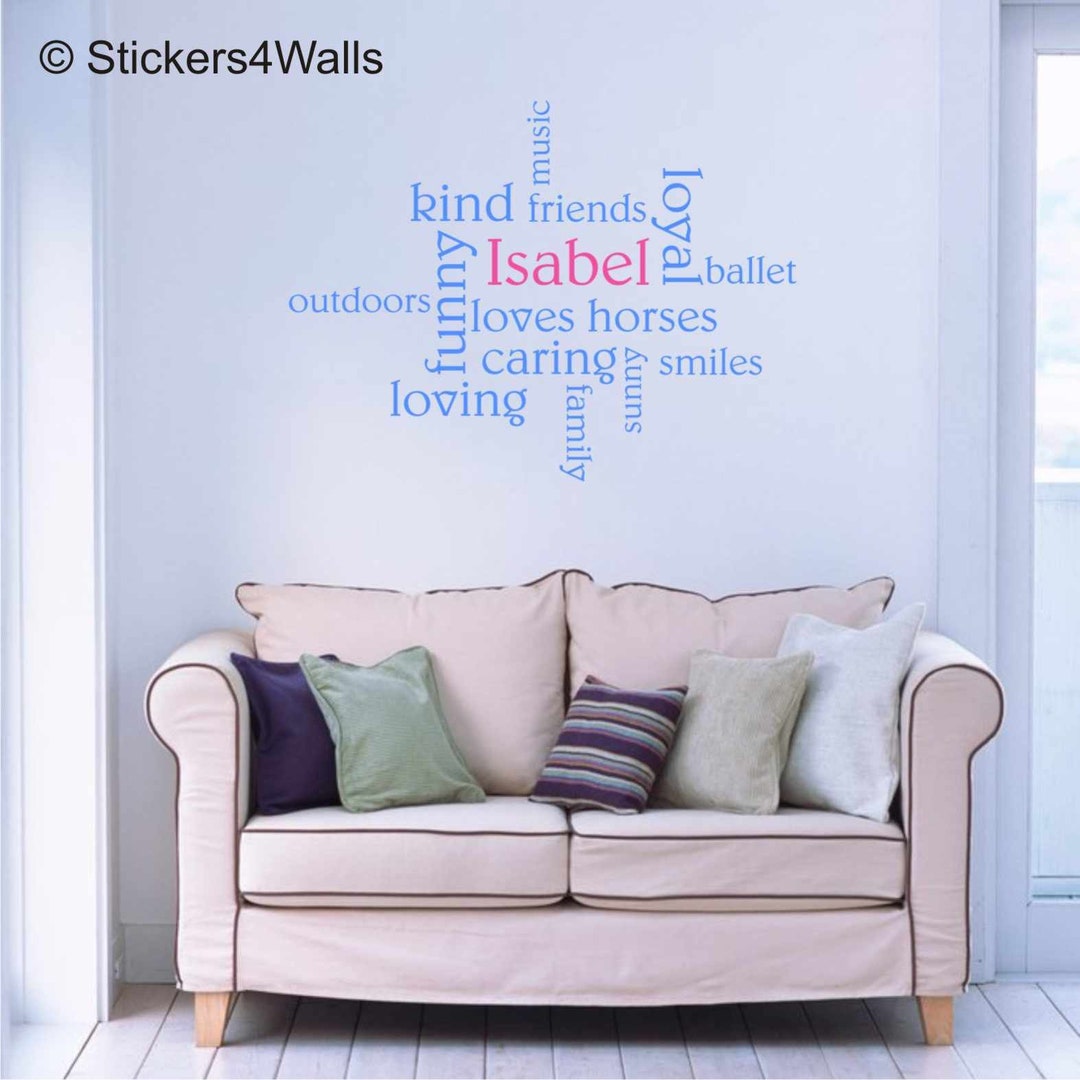 Personalised Name Word Cloud Wall Sticker, 50cm X 40xcm Custom Vinyl ...