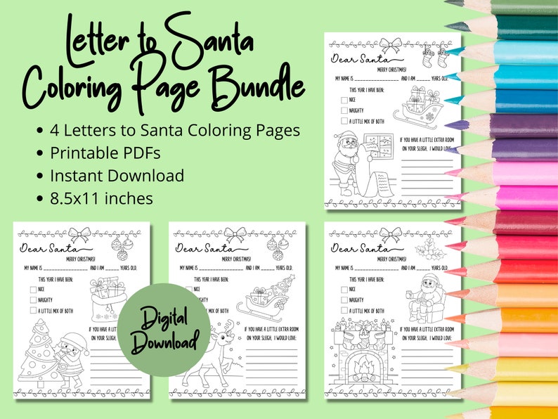 Letter to Santa Pintable, Christmas Coloring Pages Bundle, Kids ...