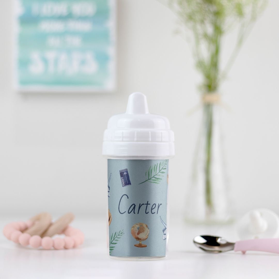 Personalized Sippy Cup, Blue Travel Themed Toddler Cup, Spill Proof ...