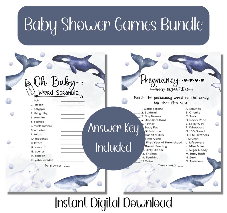 Whale Baby Shower Games Bundle, Under the Sea Baby Shower Games Pack ...