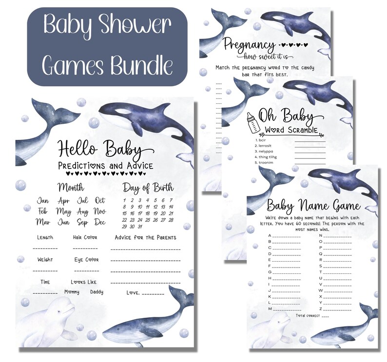 Whale Baby Shower Games Bundle, Under the Sea Baby Shower Games Pack ...