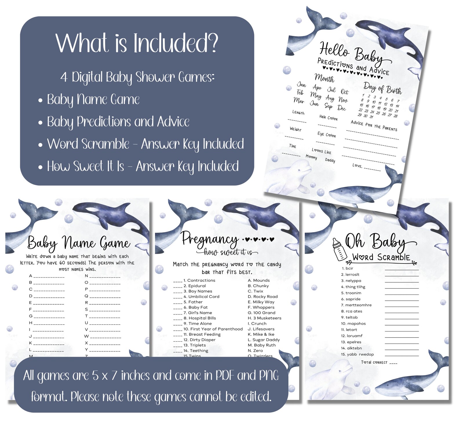 Whale Baby Shower Games Bundle, Under the Sea Baby Shower Games Pack ...