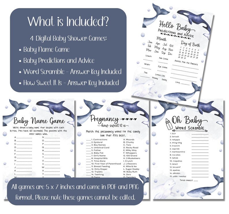 Whale Baby Shower Games Bundle, Under the Sea Baby Shower Games Pack ...