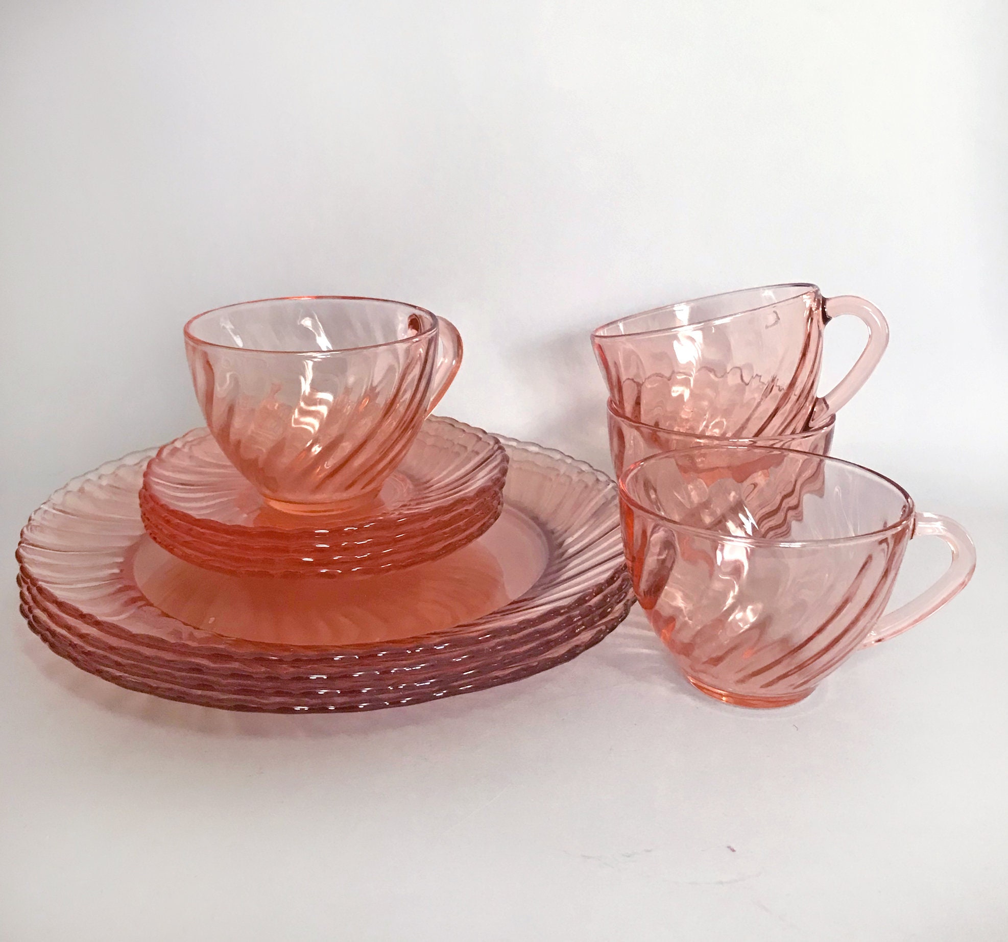 Arcoroc Rosaline Glass Dinnerware Pieces Pink Swirl Plate Cups Saucer 8 ...
