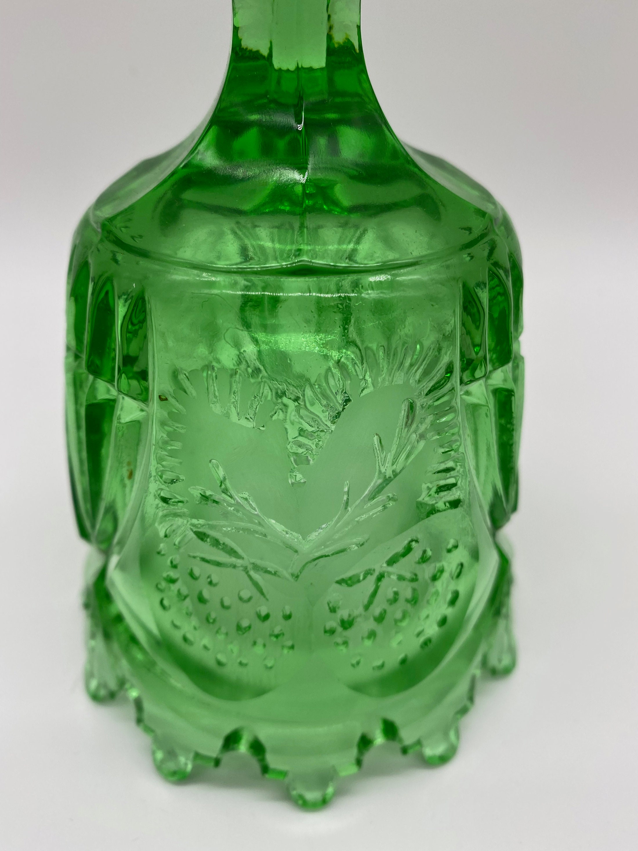 Green Glass Bell Etched Strawberries Depression Glass Pressed Glass Etsy