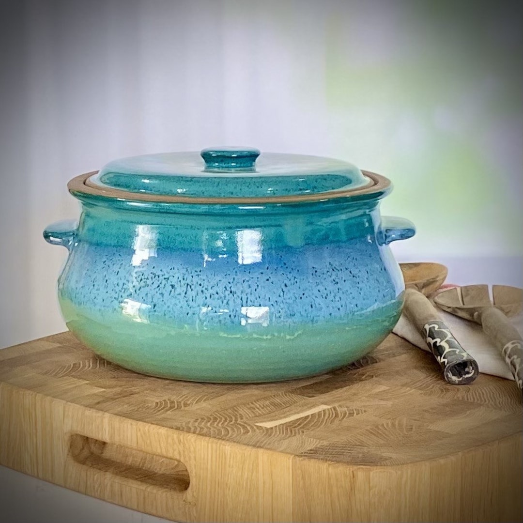 Handmade Ceramic Casserole Dish: Turquoise Blue Green 4 Liter Lidded ...