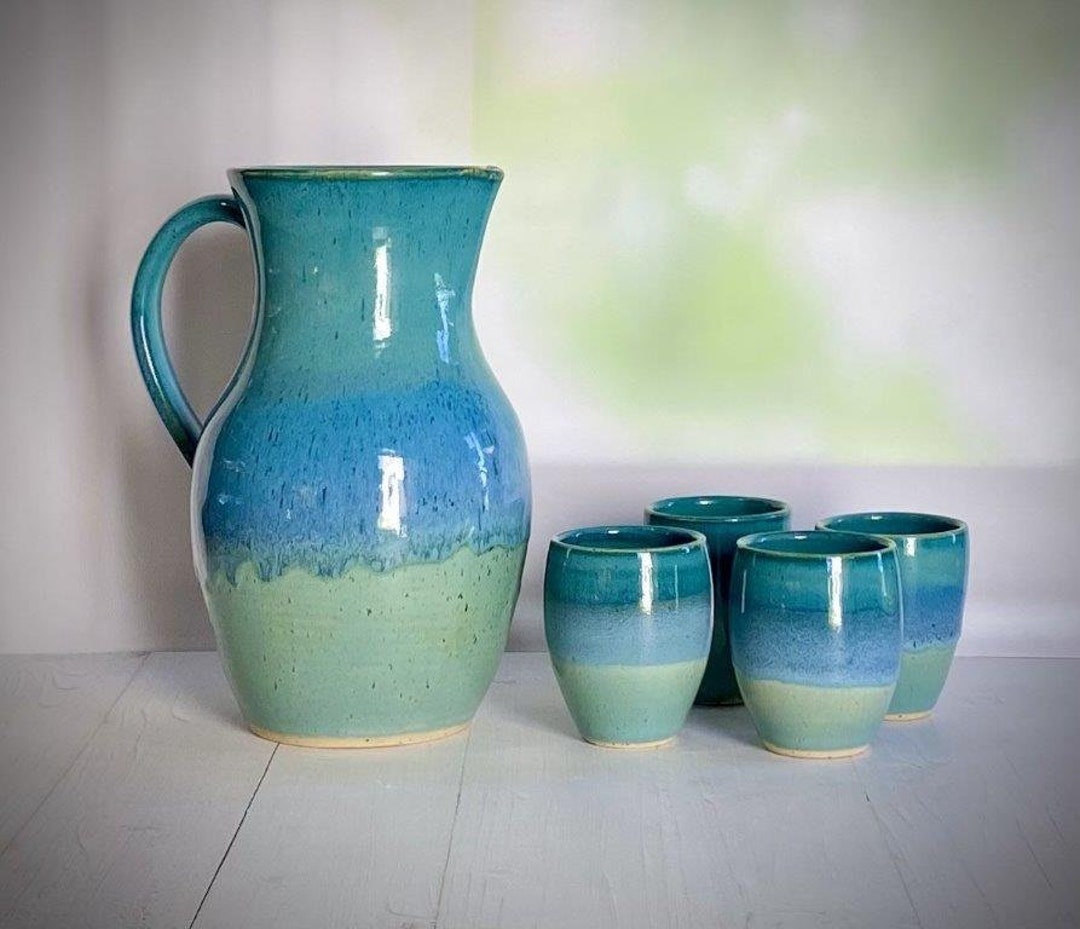 Ceramic Pitcher Set, 4 Small Cups, Ocean Colors, Handmade Pottery ...