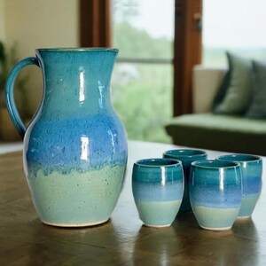 Ceramic Pitcher Set, 4 Small Cups, Ocean Colors, Handmade Pottery ...