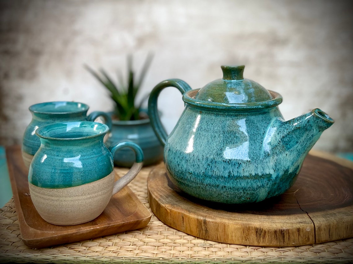 Handmade Ceramic Teapot Set: Turquoise Rustic Kettle With Mugs - Etsy