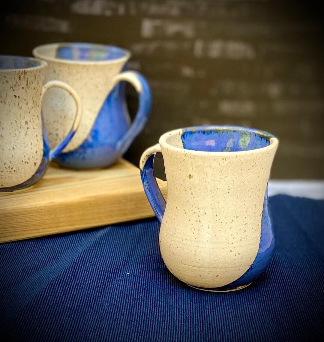 Handmade Blue & White Speckled Ceramic Coffee Mug: 10 FL Oz Pottery Cup ...