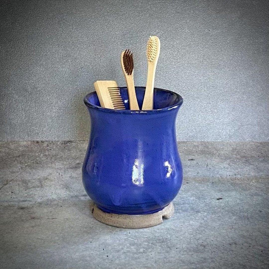 Deep Blue Ceramic Utensil Holder, Pottery Silverware Container for ...