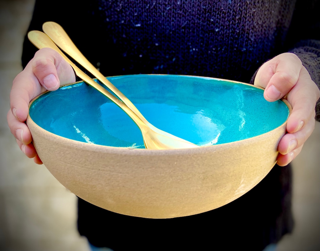 Handmade Turquoise Glazed Ceramic Salad Bowl: Large Stoneware Dish - Etsy