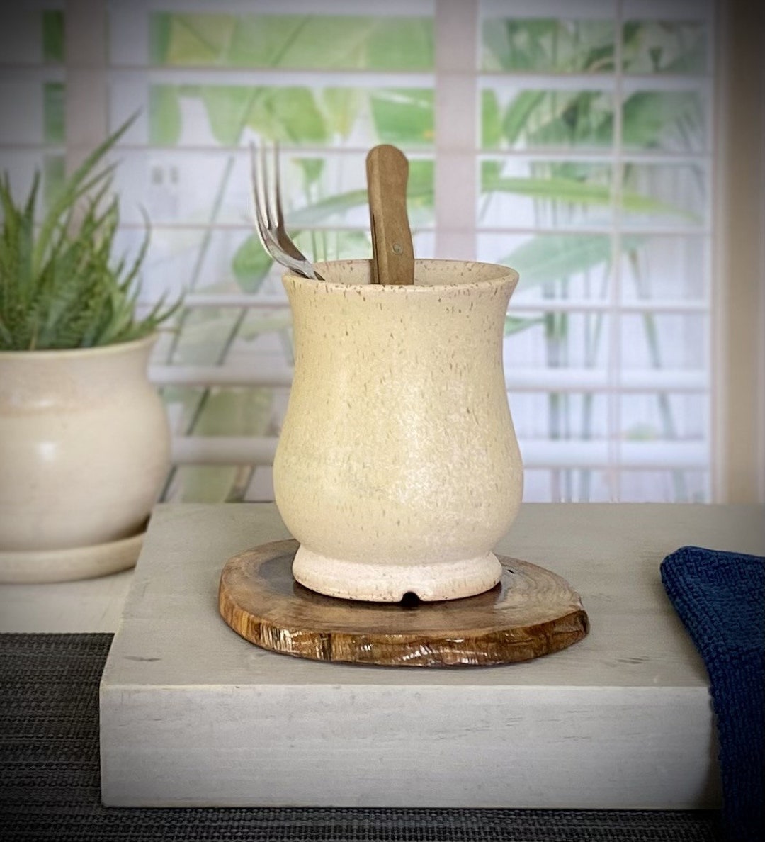 Off-white Pottery Utensil Holder, Silverware Spoon Ceramic Rack ...