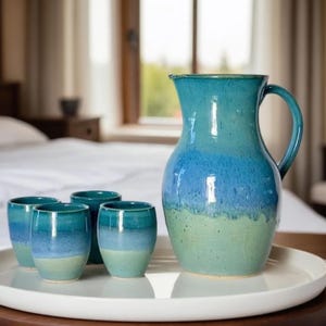 Ceramic Pitcher Set, 4 Small Cups, Ocean Colors, Handmade Pottery ...