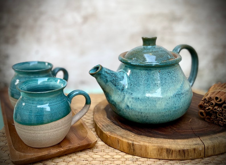 Handmade Ceramic Teapot Set: Turquoise Rustic Kettle With Mugs - Etsy
